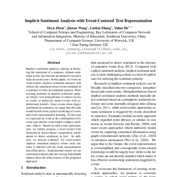 Implicit Sentiment Analysis With Event Centered Text Representation Acl Anthology