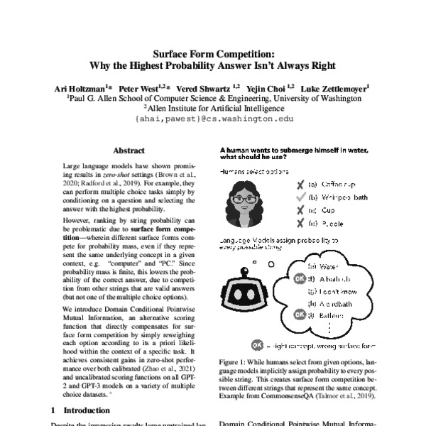 Surface Form Competition: Why the Highest Probability Answer Isn’t ...