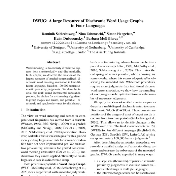 DWUG: A large Resource of Diachronic Word Usage Graphs in Four Languages - ACL Anthology
