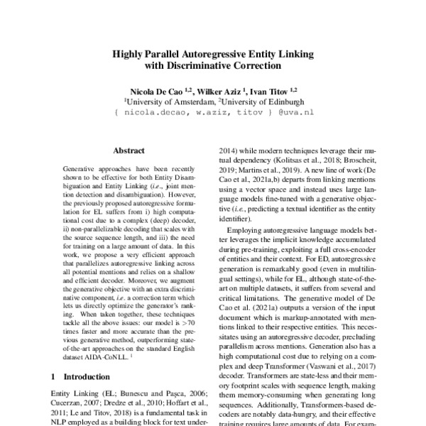 Highly Parallel Autoregressive Entity Linking with Discriminative Correction - ACL Anthology