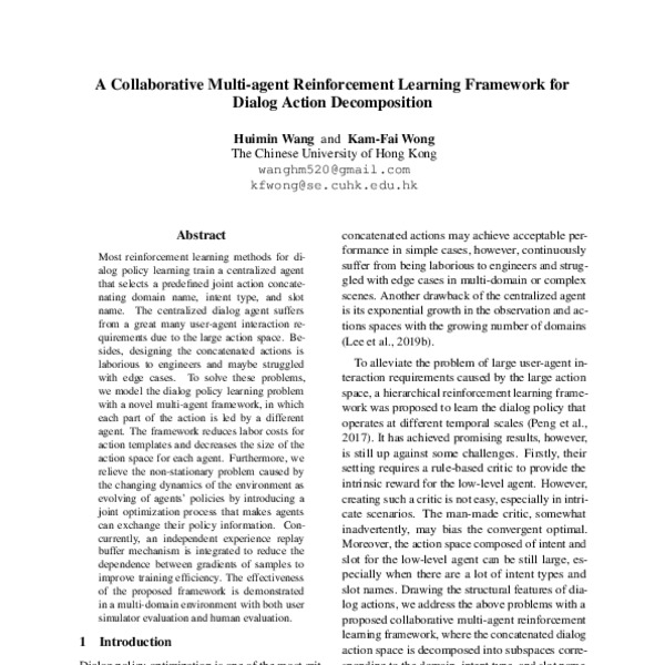A Collaborative Multi-agent Reinforcement Learning Framework for Dialog Action Decomposition ...