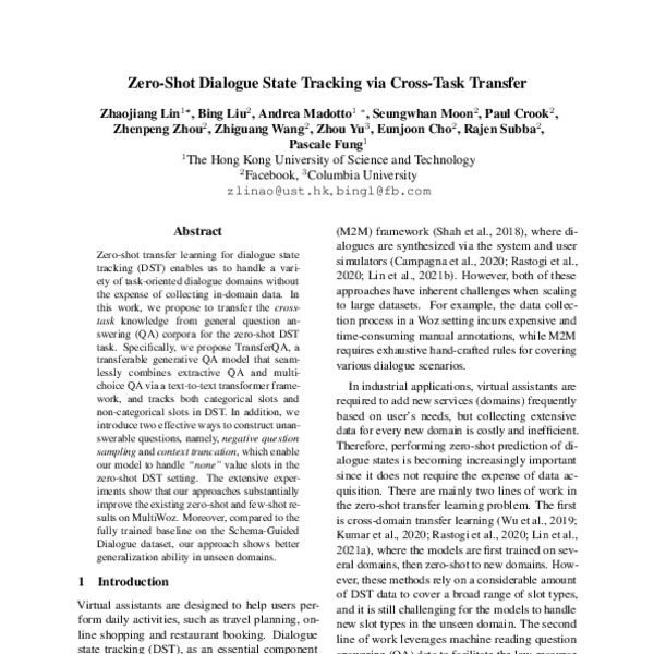 Zero-Shot Dialogue State Tracking via Cross-Task Transfer - ACL Anthology
