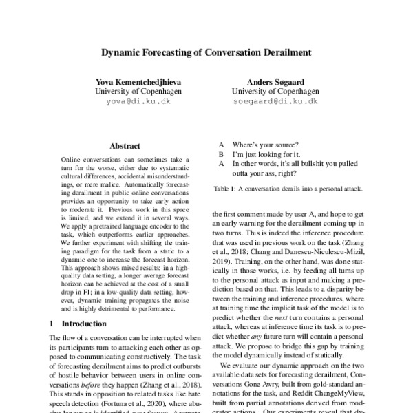 Dynamic Forecasting of Conversation Derailment - ACL Anthology