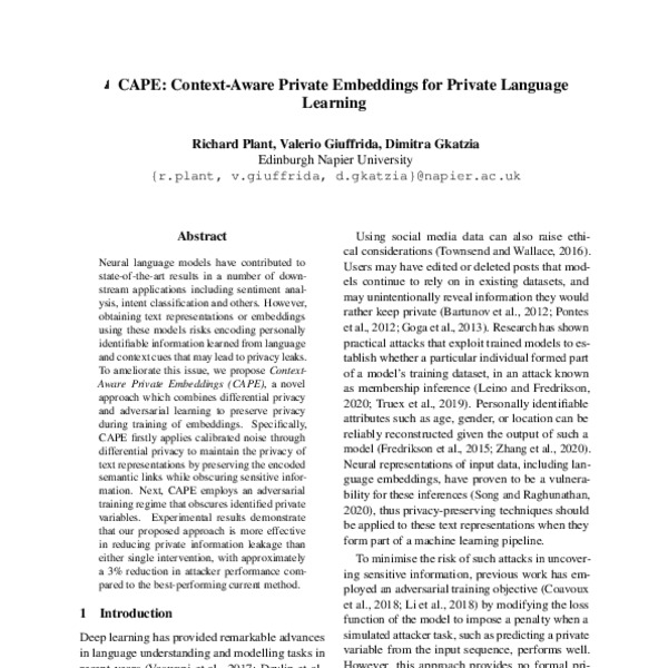 CAPE: Context-Aware Private Embeddings for Private Language Learning - ACL Anthology