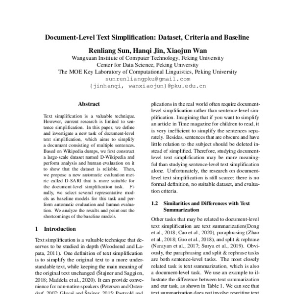 Document-Level Text Simplification: Dataset, Criteria and Baseline - ACL Anthology