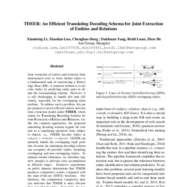 TDEER: An Efficient Translating Decoding Schema for Joint Extraction of Entities and Relations ...