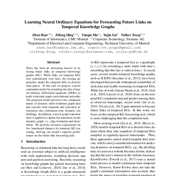 Learning Neural Ordinary Equations for Forecasting Future Links on Temporal Knowledge Graphs ...