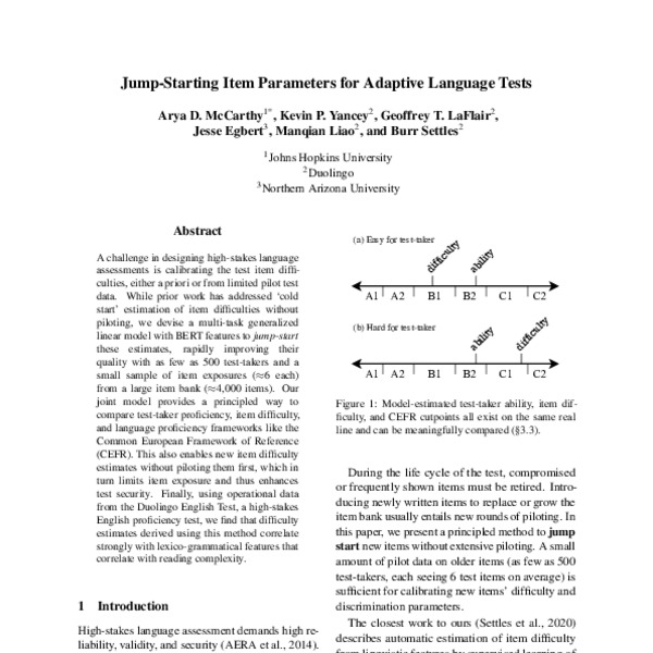Jump-Starting Item Parameters for Adaptive Language Tests - ACL Anthology