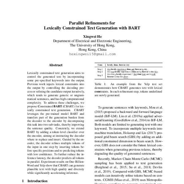 Parallel Refinements for Lexically Constrained Text Generation with BART - ACL Anthology