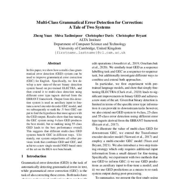 Multi-Class Grammatical Error Detection for Correction: A Tale of Two Systems - ACL Anthology