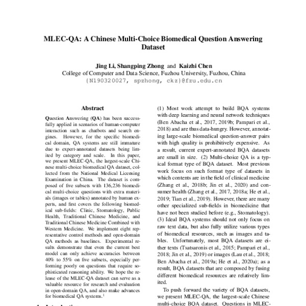 MLEC-QA: A Chinese Multi-Choice Biomedical Question Answering Dataset - ACL Anthology