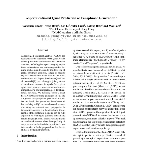Aspect Sentiment Quad Prediction As Paraphrase Generation Acl Anthology