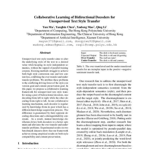 Collaborative Learning of Bidirectional Decoders for Unsupervised Text Style Transfer - ACL ...