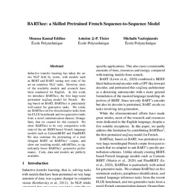 BARThez: a Skilled Pretrained French Sequence-to-Sequence Model - ACL Anthology