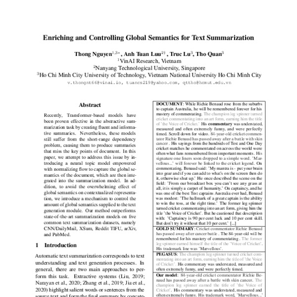 Enriching And Controlling Global Semantics For Text Summarization Acl Anthology