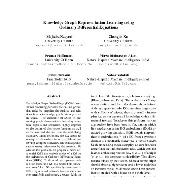 Knowledge Graph Representation Learning using Ordinary Differential ...