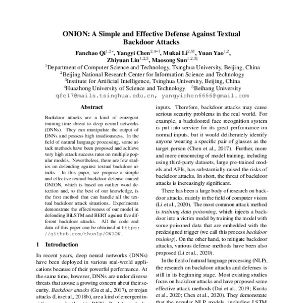 ONION: A Simple and Effective Defense Against Textual Backdoor Attacks - ACL Anthology