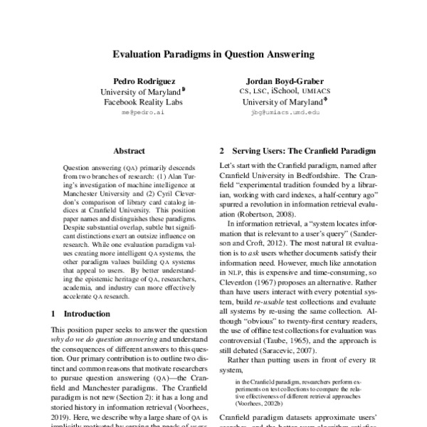 Evaluation Paradigms in Question Answering - ACL Anthology