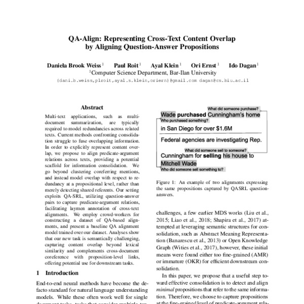 QA-Align: Representing Cross-Text Content Overlap by Aligning Question-Answer Propositions - ACL ...