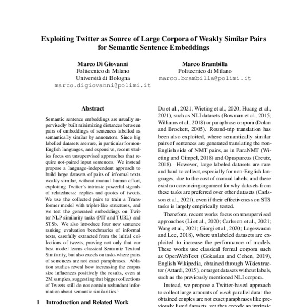 Exploiting Twitter as Source of Large Corpora of Weakly Similar Pairs for Semantic Sentence ...