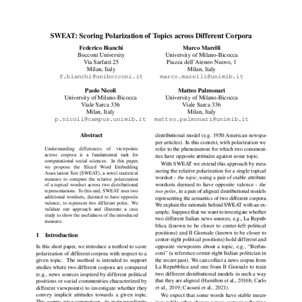 SWEAT: Scoring Polarization of Topics across Different Corpora - ACL ...