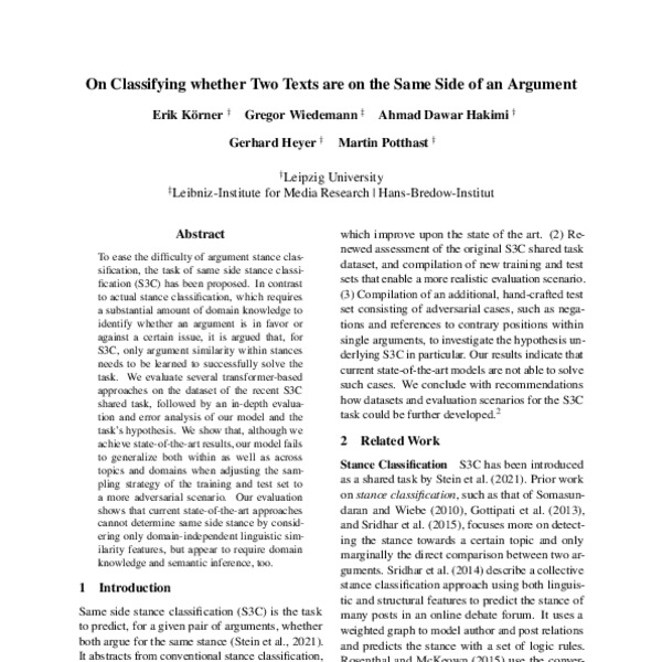 On Classifying whether Two Texts are on the Same Side of an Argument - ACL Anthology