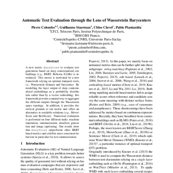 Automatic Text Evaluation through the Lens of Wasserstein Barycenters - ACL Anthology