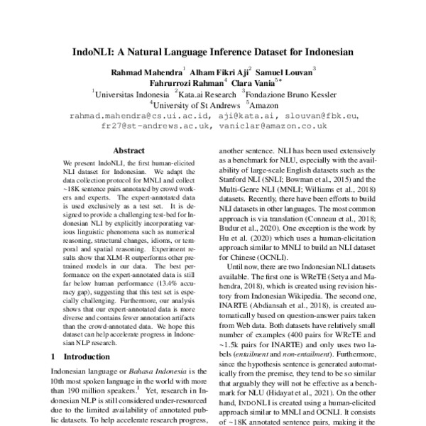 IndoNLI: A Natural Language Inference Dataset for Indonesian - ACL Anthology