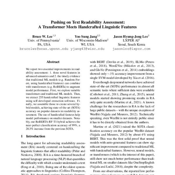 Pushing on Text Readability Assessment: A Transformer Meets Handcrafted ...