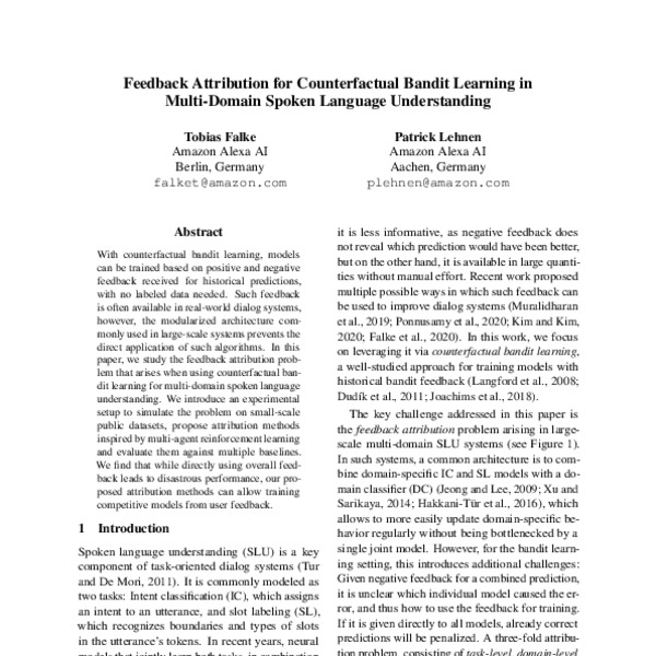 Feedback Attribution for Counterfactual Bandit Learning in Multi-Domain Spoken Language ...