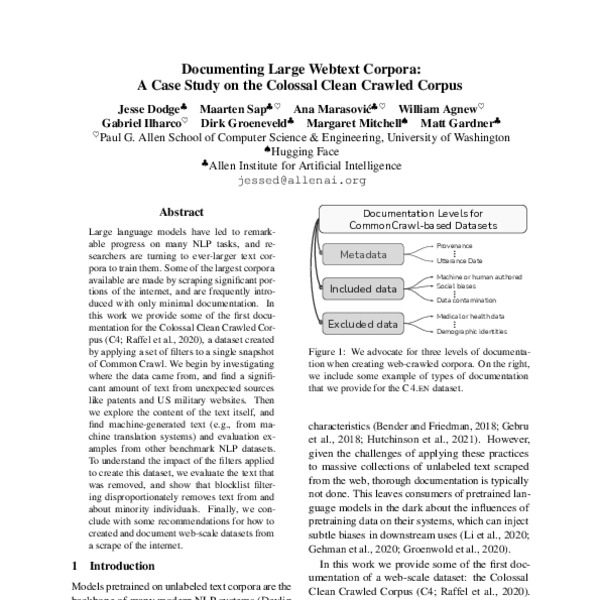 Documenting Large Webtext Corpora: A Case Study on the Colossal Clean Crawled Corpus - ACL Anthology