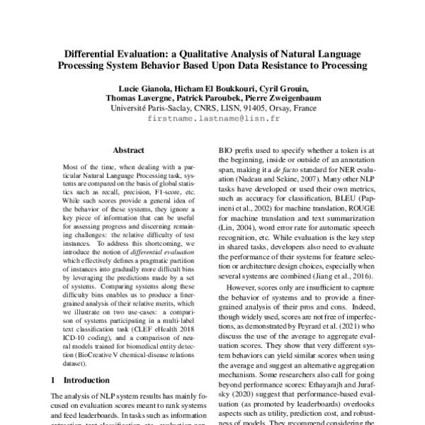 Differential Evaluation: a Qualitative Analysis of Natural Language ...