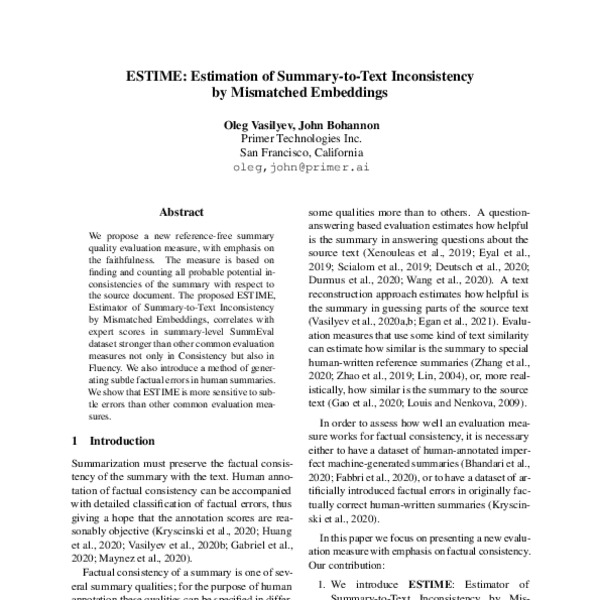 ESTIME: Estimation of Summary-to-Text Inconsistency by Mismatched ...