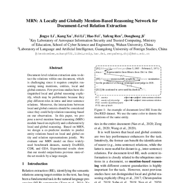 MRN: A Locally and Globally Mention-Based Reasoning Network for Document-Level Relation ...