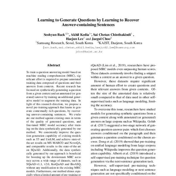 Learning to Generate Questions by Learning to Recover Answer-containing Sentences - ACL Anthology