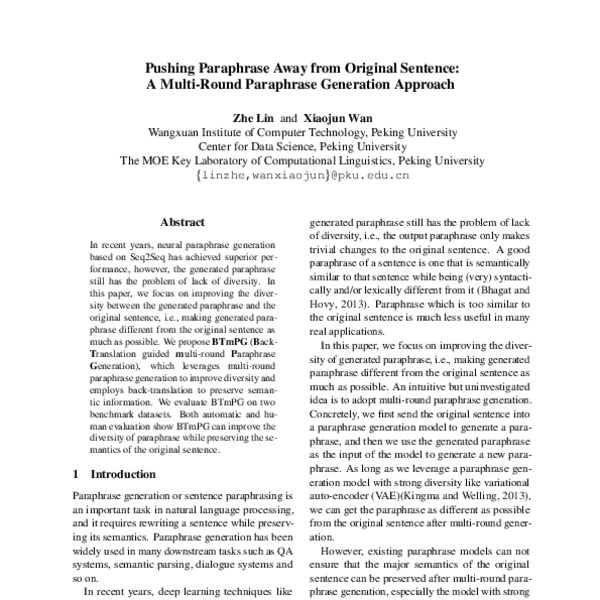 Pushing Paraphrase Away from Original Sentence: A Multi-Round Paraphrase Generation Approach ...