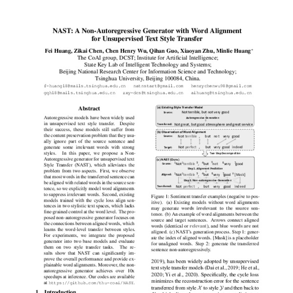 NAST: A Non-Autoregressive Generator with Word Alignment for Unsupervised Text Style Transfer ...