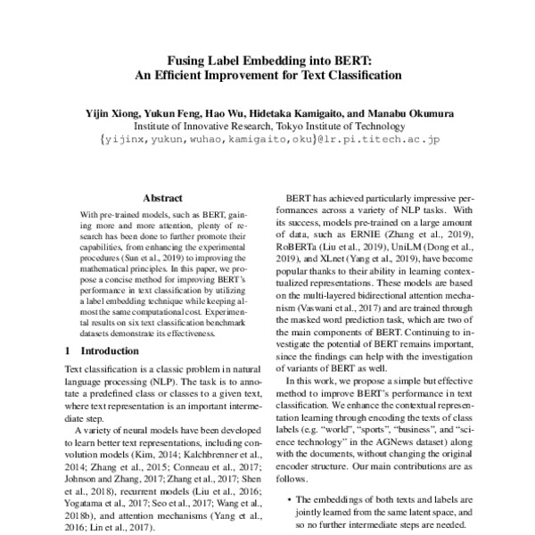 Fusing Label Embedding Into Bert An Efficient Improvement For Text Classification Acl Anthology