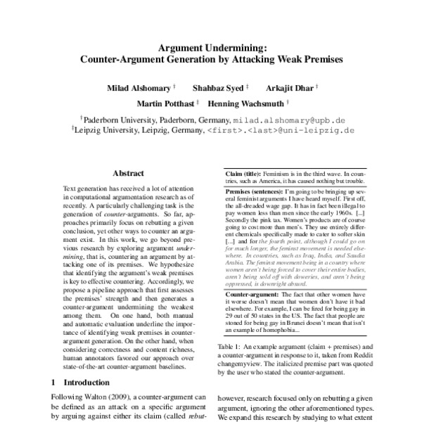 Counter-Argument Generation by Attacking Weak Premises - ACL Anthology