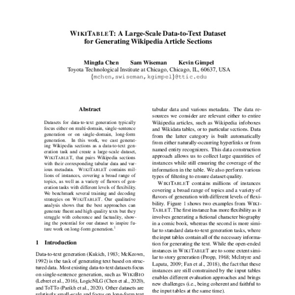 Wikitablet A Large Scale Data To Text Dataset For Generating Wikipedia Article Sections Acl