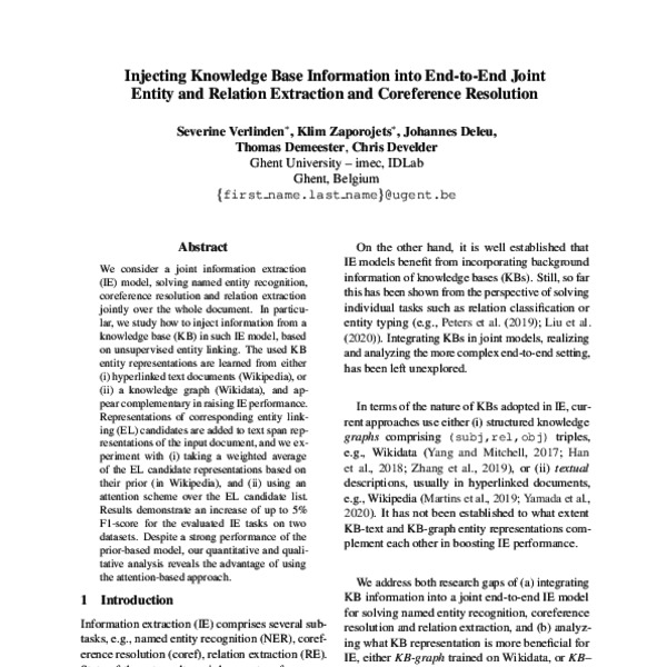 Injecting Knowledge Base Information Into End To End Joint Entity And Relation Extraction And
