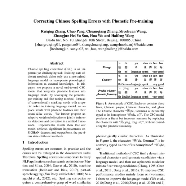 Correcting Chinese Spelling Errors with Phonetic Pre-training - ACL ...