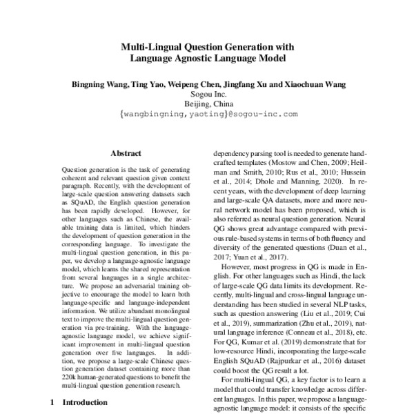 Multi-Lingual Question Generation with Language Agnostic Language Model - ACL Anthology