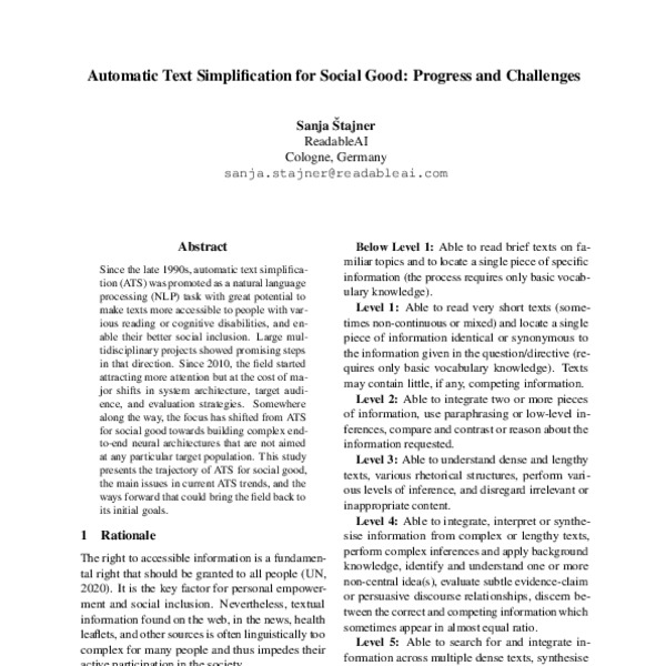 Automatic Text Simplification for Social Good: Progress and Challenges - ACL Anthology