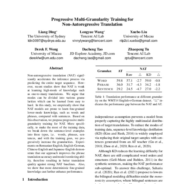 Progressive Multi-Granularity Training for Non-Autoregressive Translation - ACL Anthology