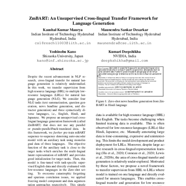 ZmBART: An Unsupervised Cross-lingual Transfer Framework for Language Generation - ACL Anthology
