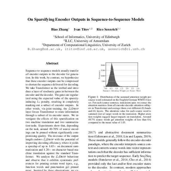 On Sparsifying Encoder Outputs In Sequence To Sequence Models Acl Anthology