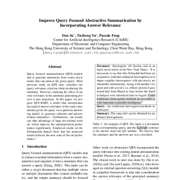 Improve Query Focused Abstractive Summarization by Incorporating Answer Relevance - ACL Anthology