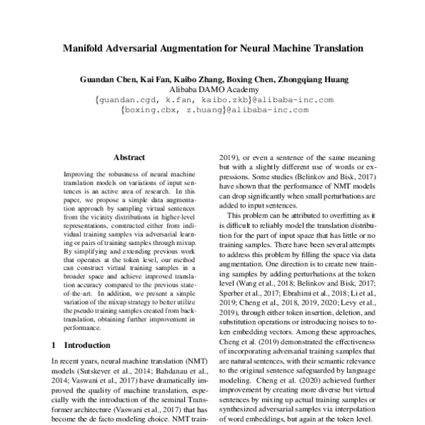 Manifold Adversarial Augmentation for Neural Machine Translation - ACL Anthology