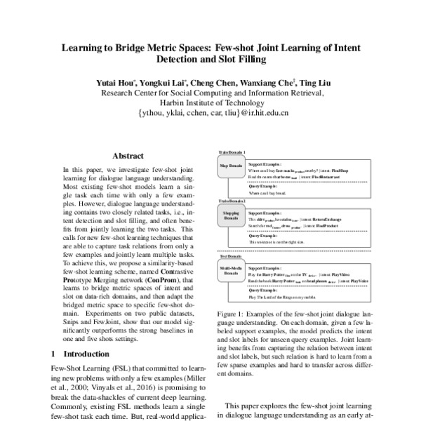 Learning to Bridge Metric Spaces: Few-shot Joint Learning of Intent Detection and Slot Filling ...